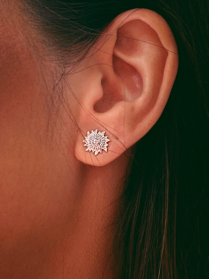 Sun Design Stud Earrings .925 Sterling Silver with Diamonds